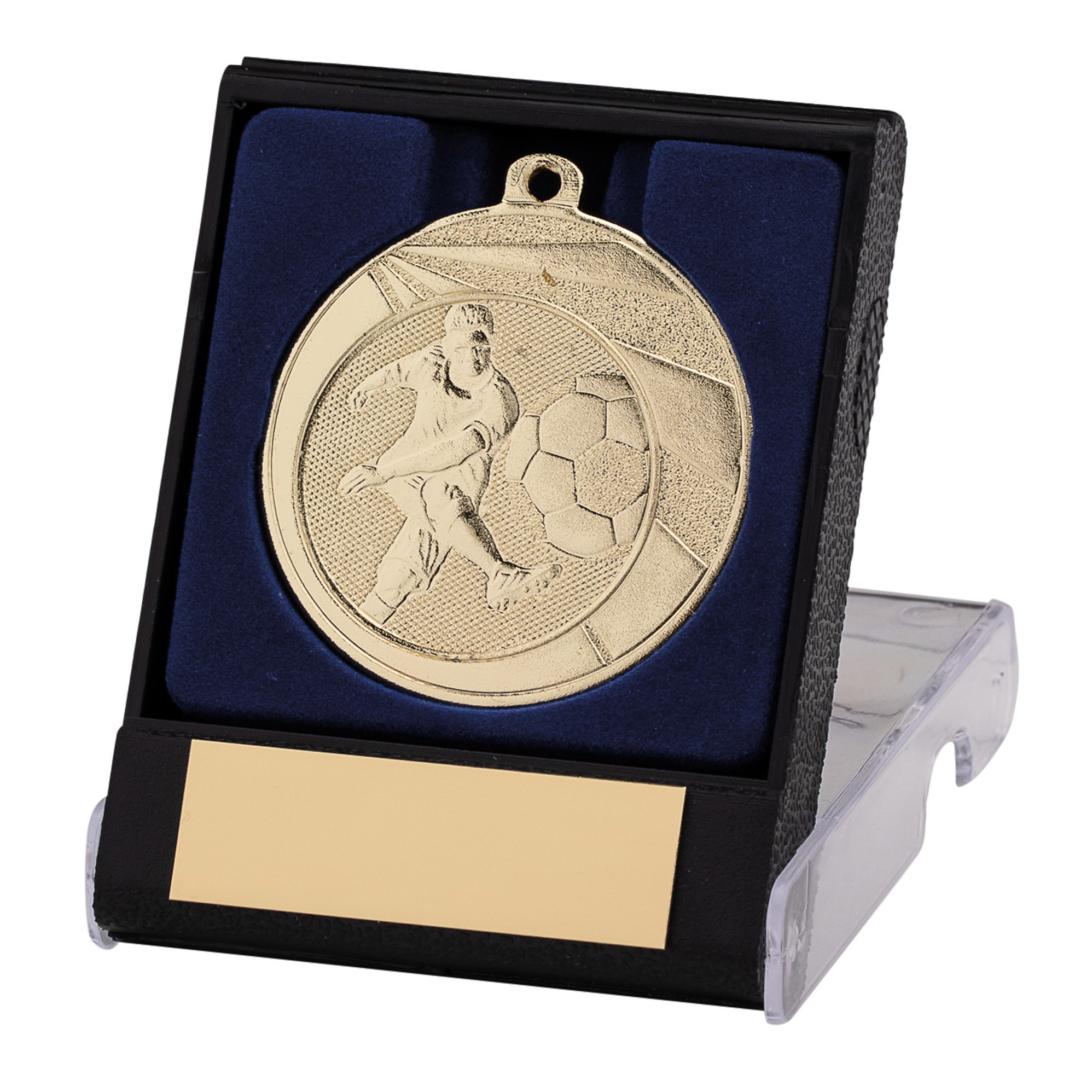 Football Gold medal in box - trophyman.co.uk